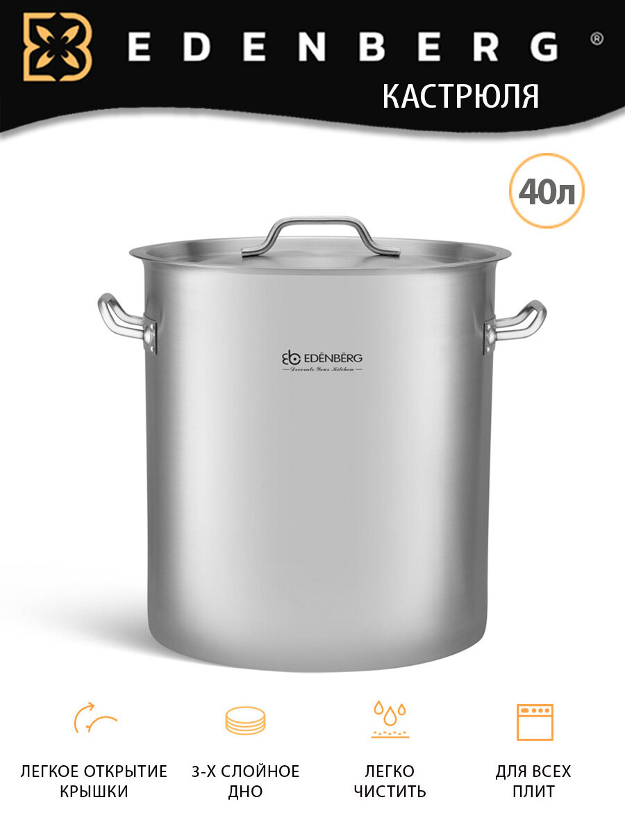 Кастрюля для всех видов плит Edenberg нержавеющая сталь 40л / индукционных / с крышкой / антипригарное дно