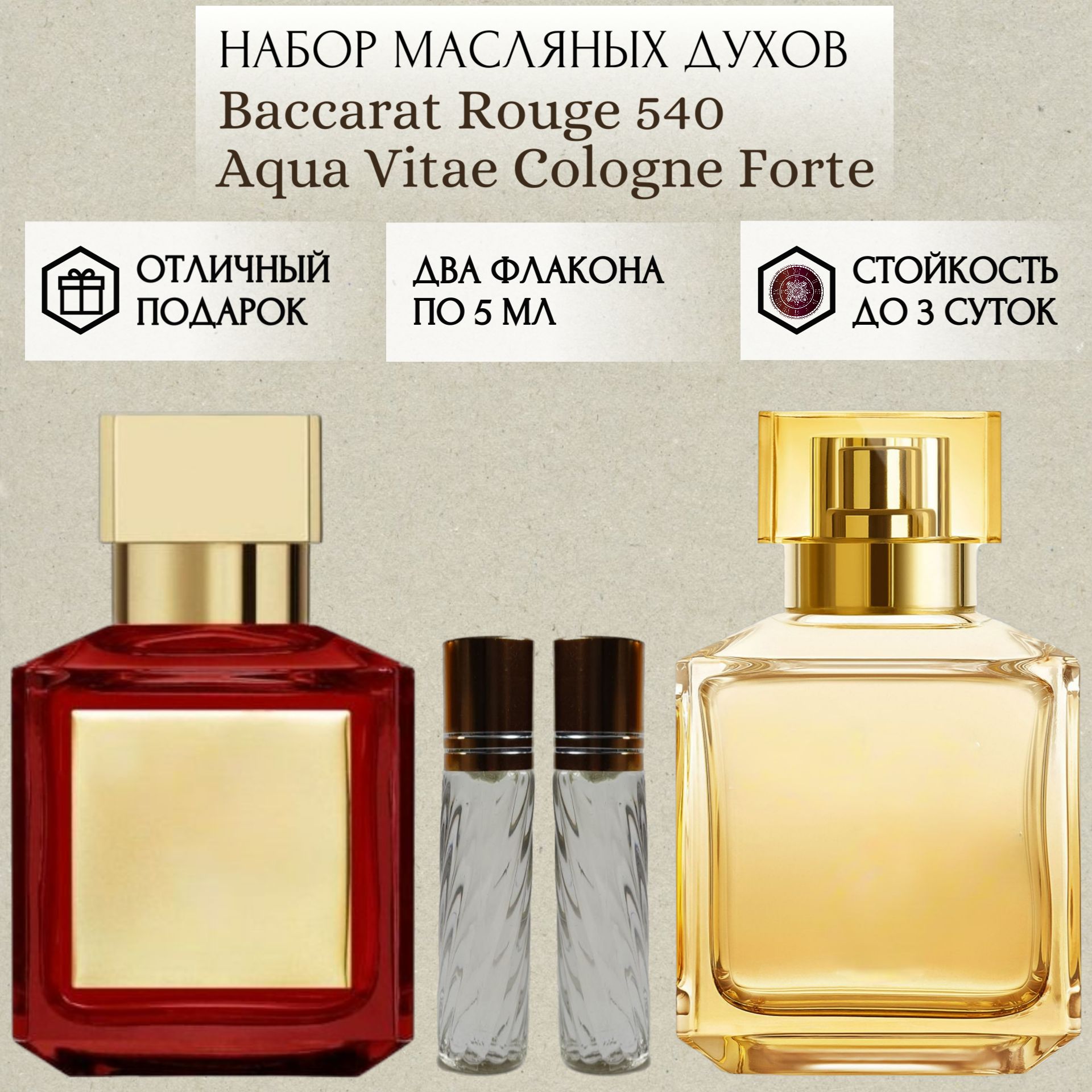 Perfum Secrets; Духи масляные Баккара 540; Аква Вита Колонь Форте роликовый флакон 5 мл; 2 шт