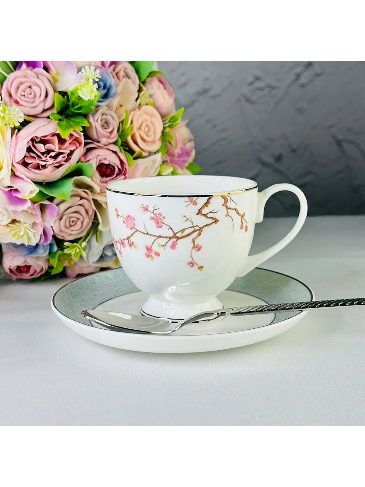 Чайная пара на 6 персон Lenardi Сакура, костяной фарфор, 12 пр