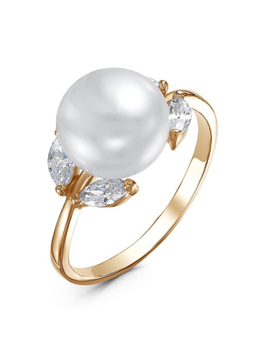 Кольцо, серебро, 925 проба, золочение, жемчуг культивированный, фианит