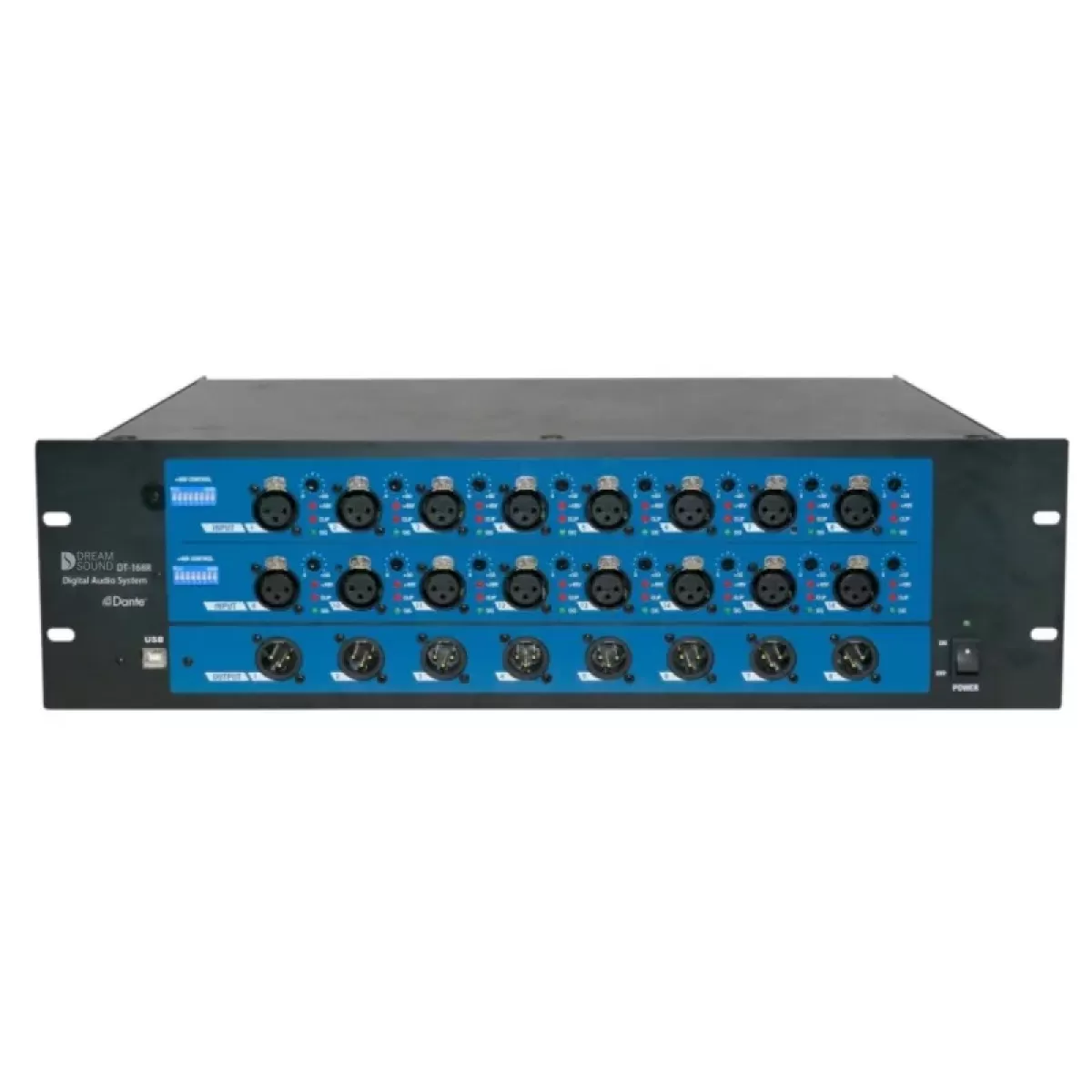 DT-168R интерфейс Dante 16x8, 16 аналоговых входов/8 аналоговых выходов, интерфейс Dante; +48В или POE, 3U, 482х150х133 мм