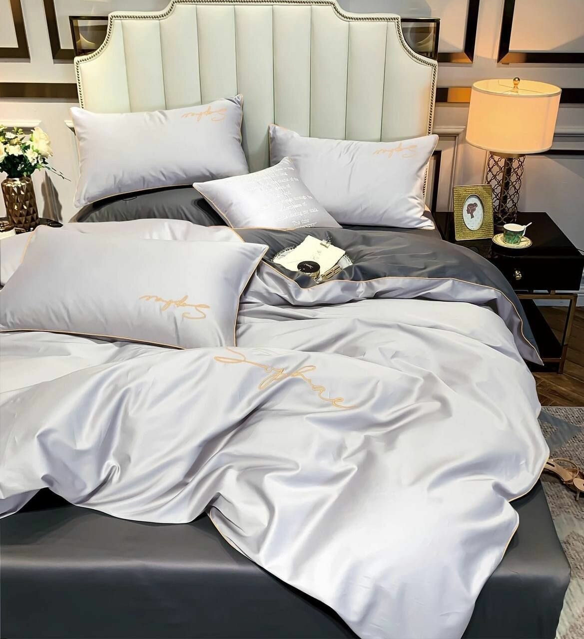 Постельное белье евростандарт двуспальное/евро Сатин Mency Жатка/ пододеяльник 200x220/простыня 220x240/ Наволочки 50x70-2шт 70x70-2шт, Цвет Темно-серый/Светло-серый