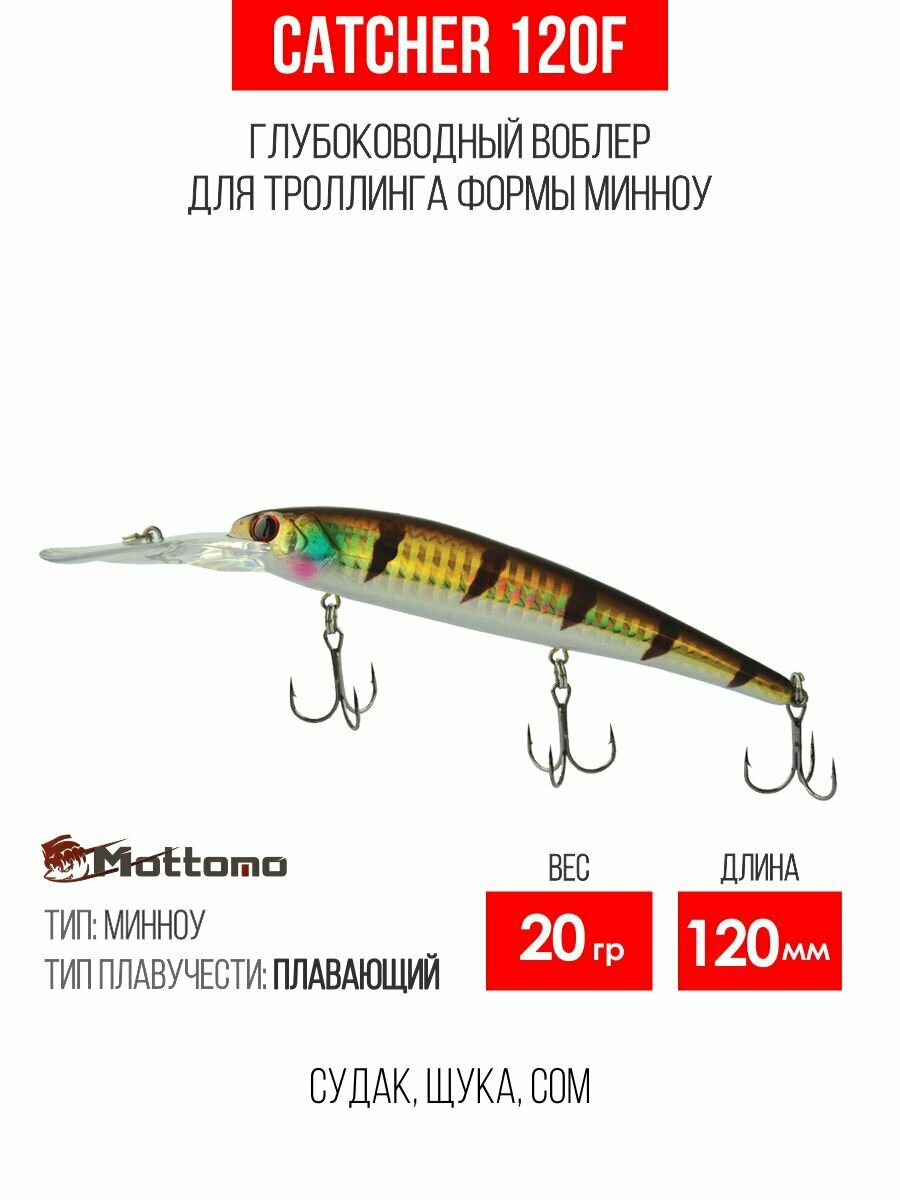 Воблер для рыбалки Mottomo Catcher 120F 20g, минноу плавающий для спиннинга, троллинга. Приманка на щуку Bluegill Flash
