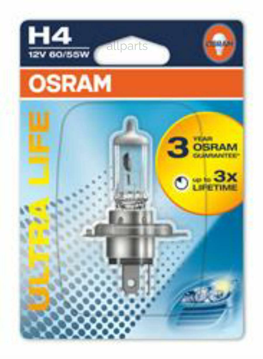 OSRAM 64193ULT01B Снят, замена 64193ULT-1BL Лампа H4 12V 60/55W P43t ULTRA LIFE