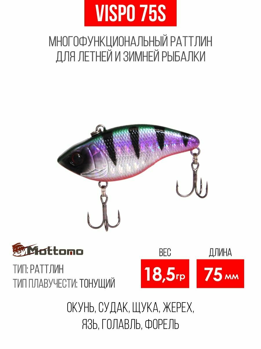 Воблер для рыбалки Mottomo Vispo 75S 18,5g раттлин тонущий для спиннинга, троллинга. Приманка на щуку, окуня Green Ice