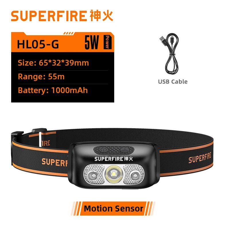 Налобный фонарь SUPERFIRE HL05 Series Mini Sensor: Мощный, перезаряжаемый, для HL05-G 5W 1000mAh
