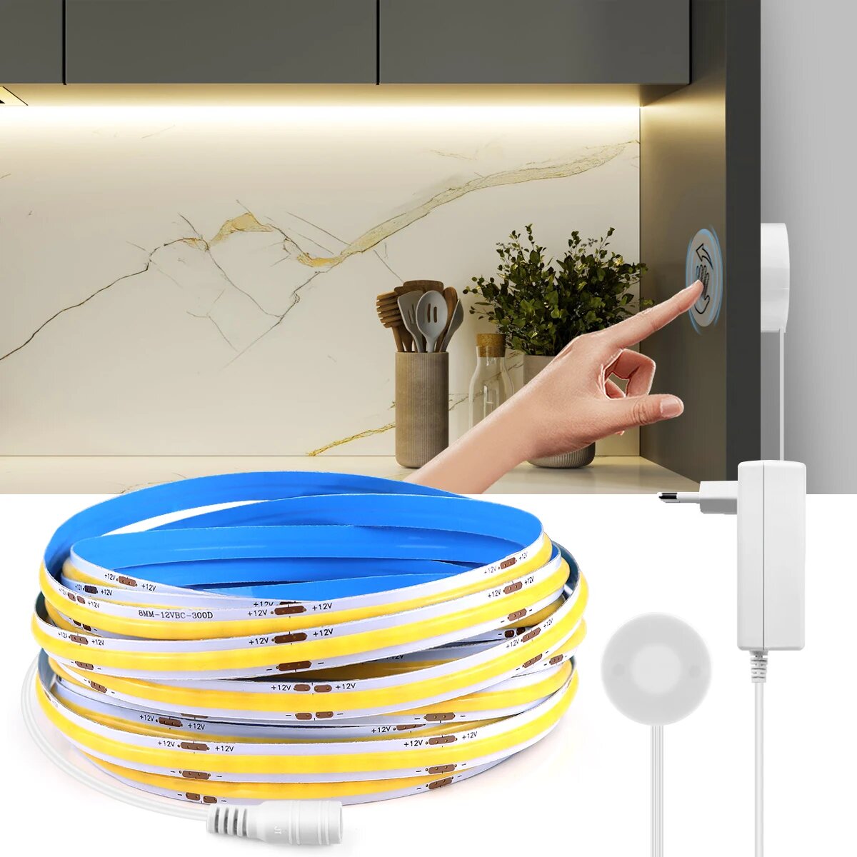 Светодиодная лента CHNAITEKE 12В тёплый/белый/натуральный белый COB 320LED/м 1-5м с сенсорным диммером и индукционным выключателем