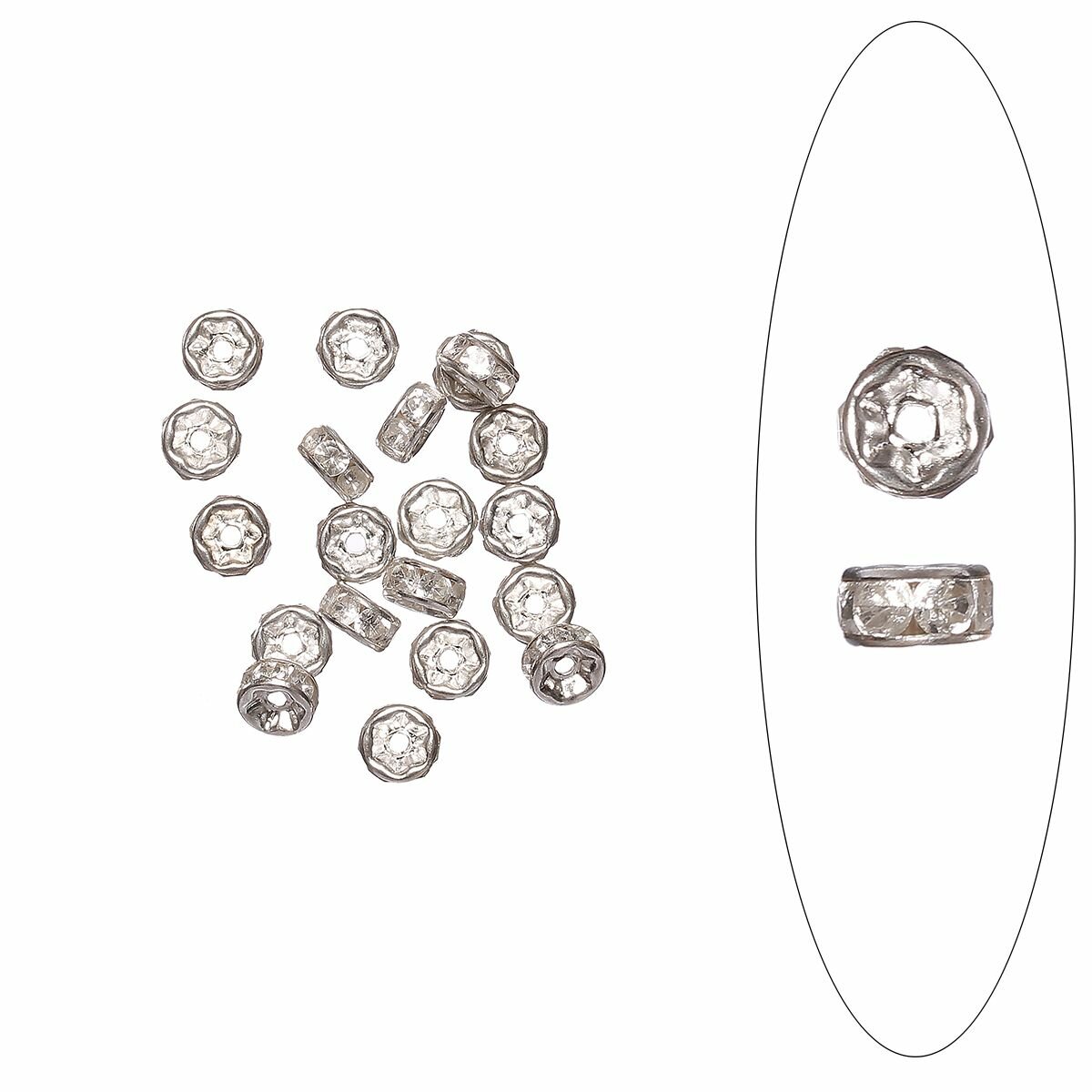 Бусина металлическая, 5х2.5мм, рондель со стразами, базовый материал - латунь, под серебро, 2 грамма