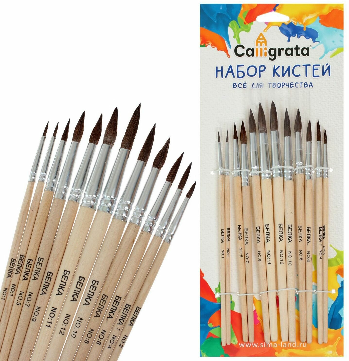 Набор кистей круглых для рисования красками, кисточки из натурального ворса белки с деревянными ручками, канцелярия для школы и творчества, 12 штук