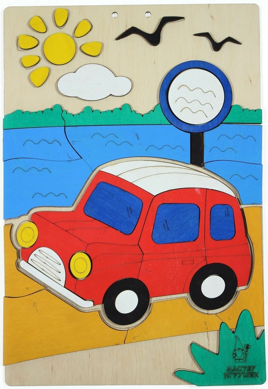 Развивающая игра из дерева "Аппликация. Машина", детский набор для творчества на развитие моторики и воображения, в комплекте основа с нанесенным рисунком, цветные детали и клей