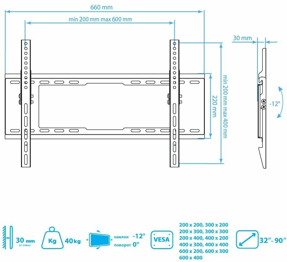 Кронштейн для телевизора Kromax IDEAL-102 черный 32"-90" макс.40кг настенный наклон