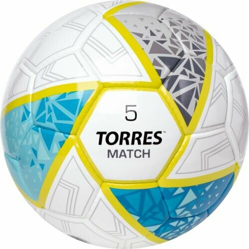 Мяч футбольный Torres Match, F323975, р.5, 32 панели, ПУ, 4 подкладочных слоя, ручная сшивка, бело-серо-голубой