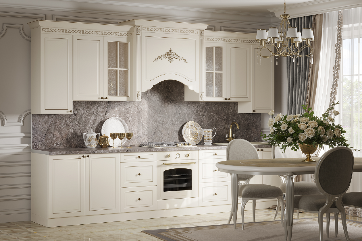 Кухня заман "Астория" 3,4 м, цвет айвори, патина золото, МДФ фасады в эмали, ЛДСП корпус и столешница 38 мм