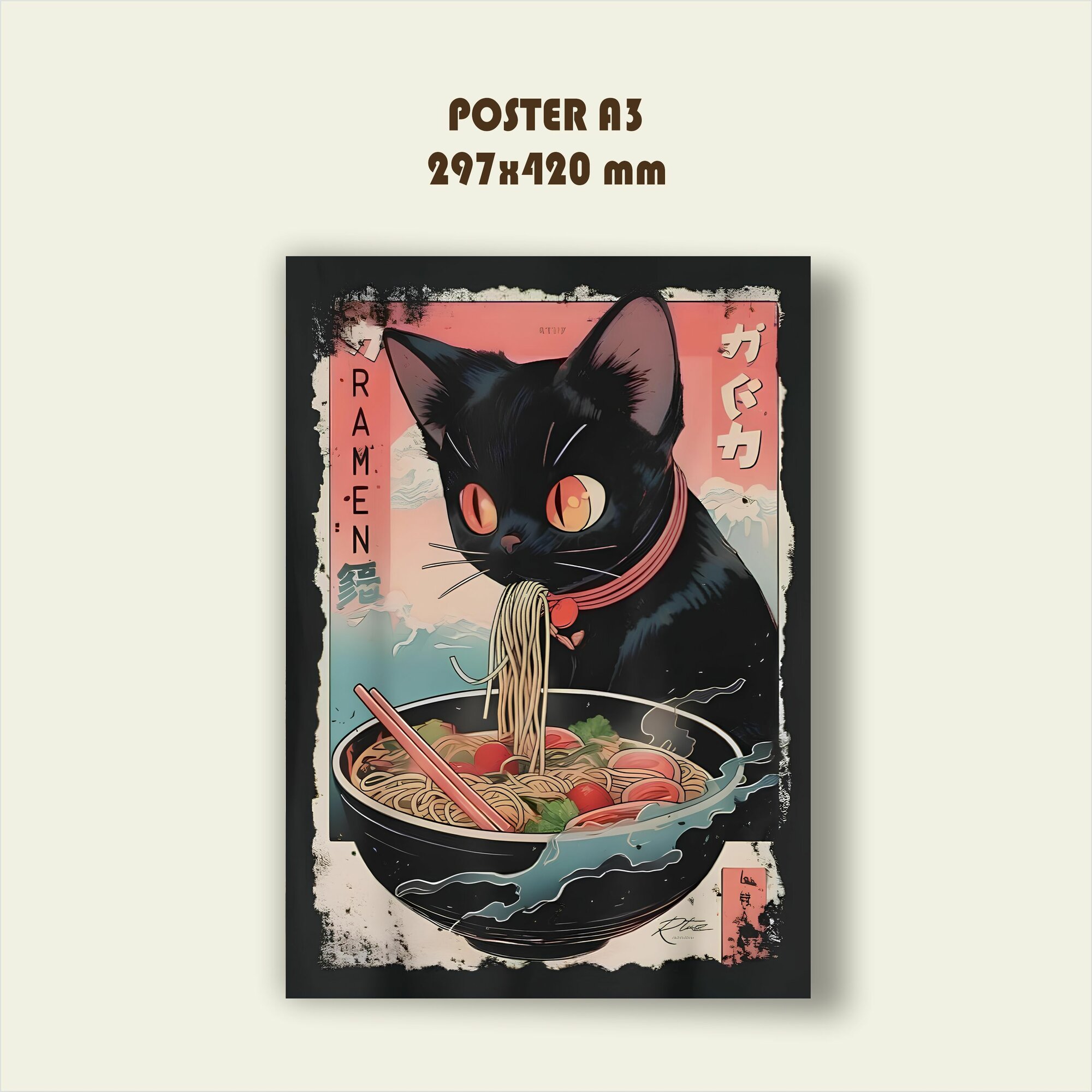 Artstiker Постер Котенок ест рамен 42х29 см для декора кухни или кафе постерная бумага 200гр/м
