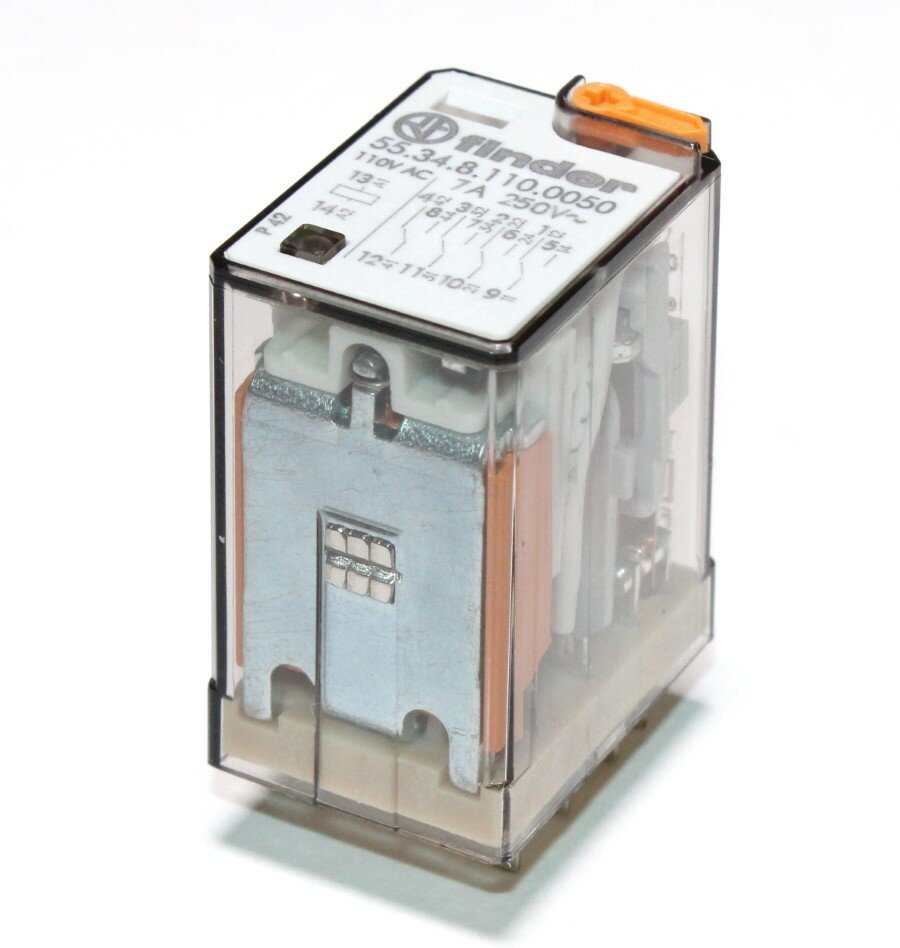 RELAY 553481100050, Реле, FINDER, (упр:110В/AC, комм: 7A/250В/AC, 4CO, кнопка тест + LED, AgNi, R-coil:4.0кОм)