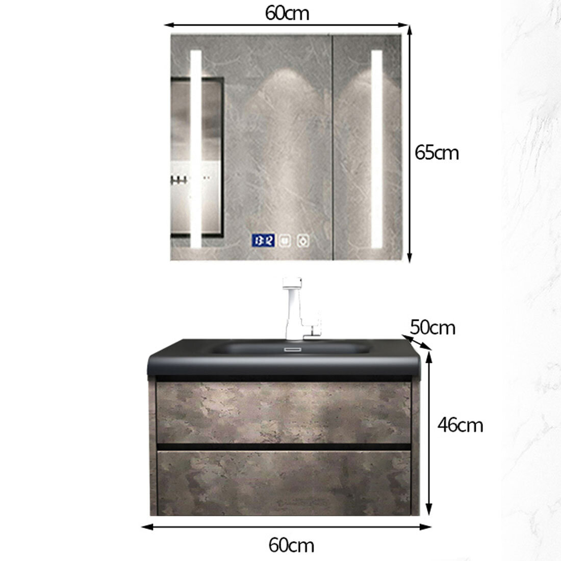 Комплект мебели для ванной Theseus - тумба с раковиной, умное зеркало с подсветкой (60 см, зеркальный шкафчик)