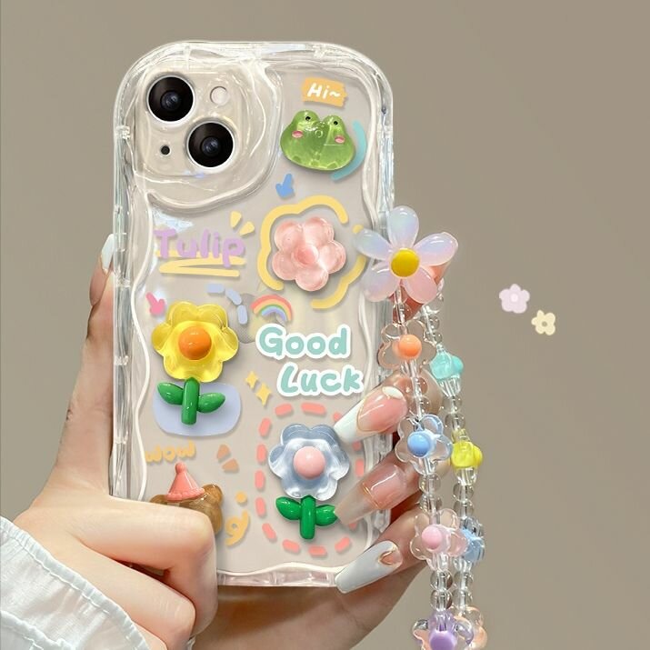 Чехол "Цветы и животные", для iPhone 15, силиконовый, флип, разноцветный, с браслетом — фото 1