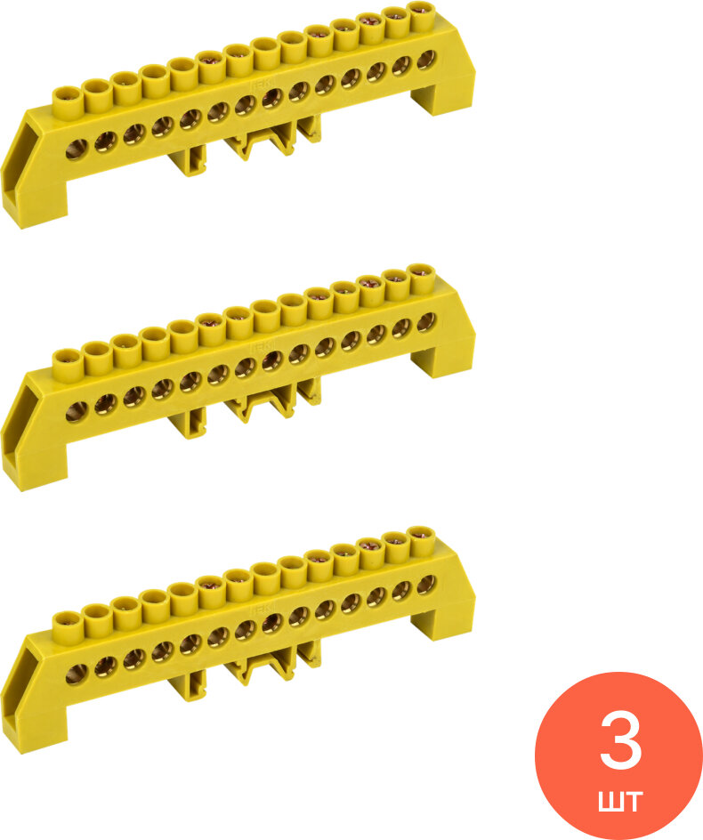 Шина IEK / ИЭК ШНИ-8х12-14-КС-Ж PE земля в комбинированном DIN изоляторе Стойка, латунь, 146×34.5×25мм, 125А, YNN10-812-14DP-K05 / соединитель проводов (комплект из 3 шт)