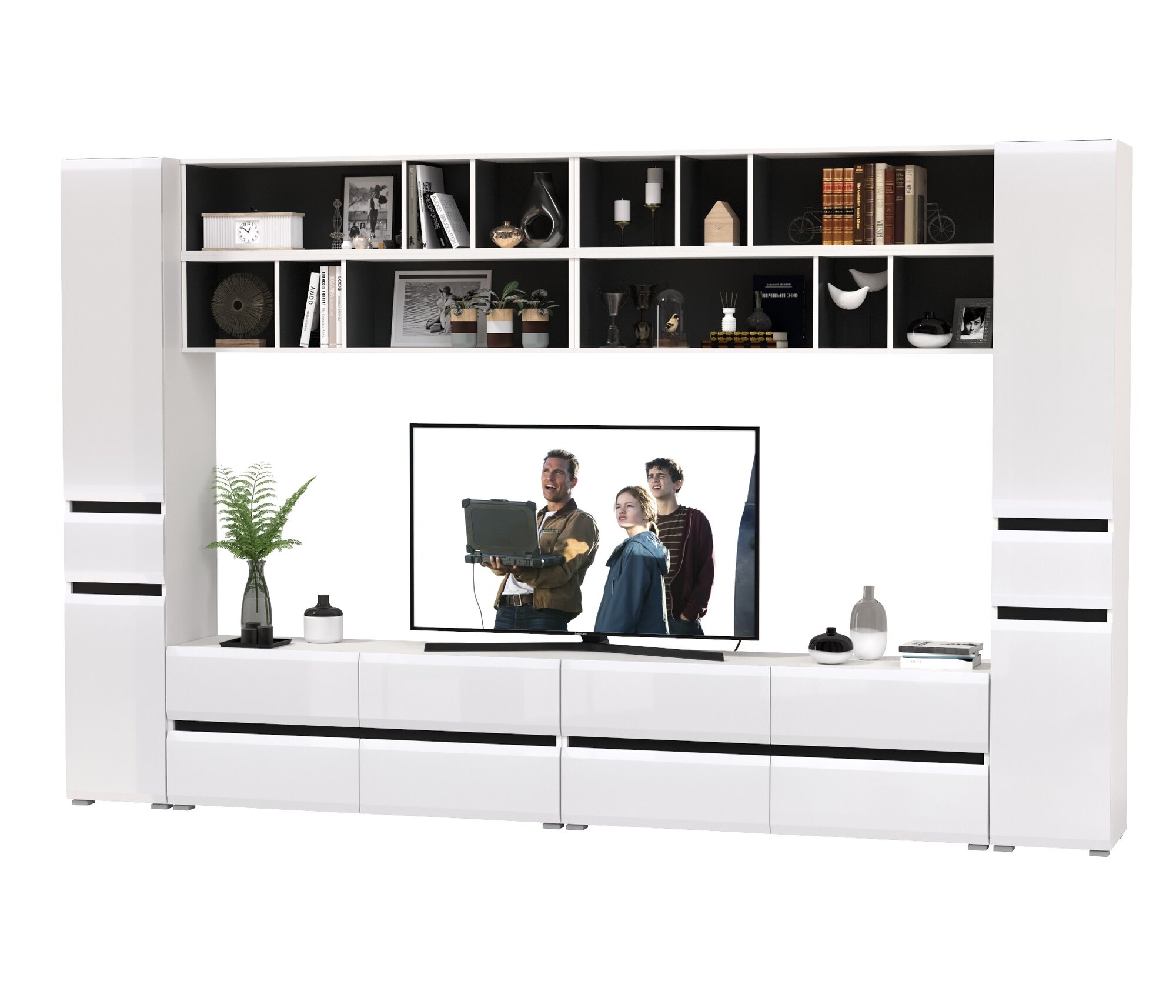 Комплектация в гостиную Моби Сидней № 97, цвет белый/чёрный/МДФ белый глянец, 330х41,3х205,2 см.