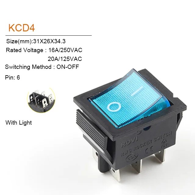 Переключатель питания KCD4 DIY GO, 6-контактный, 2/3 позиции Blue Light ON-OFF