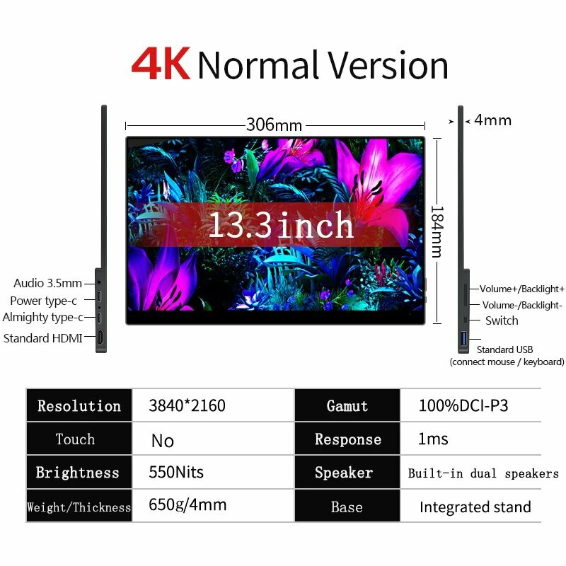 13.3" 4K OLED портативный монитор VCHANCE, EU Plug
