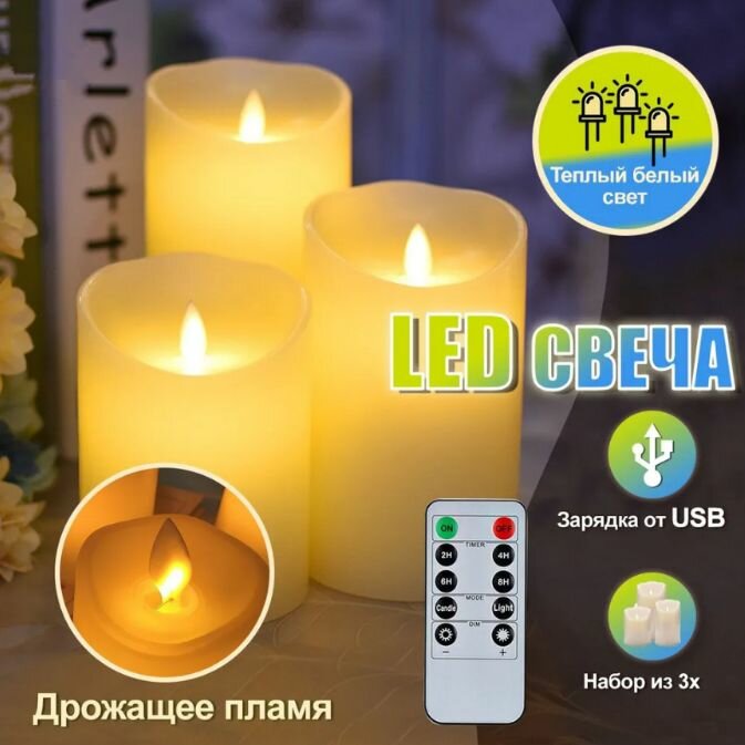 Наборы светодиодных свечей из Настоящего Воска. Набор из 3х.