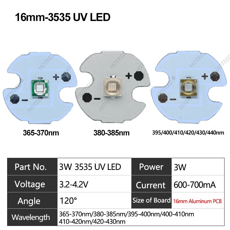 HotRed 3 Вт УФ-лампа фиолетового цвета 3535 LED On 16mm, 420-430nm X 1pcs