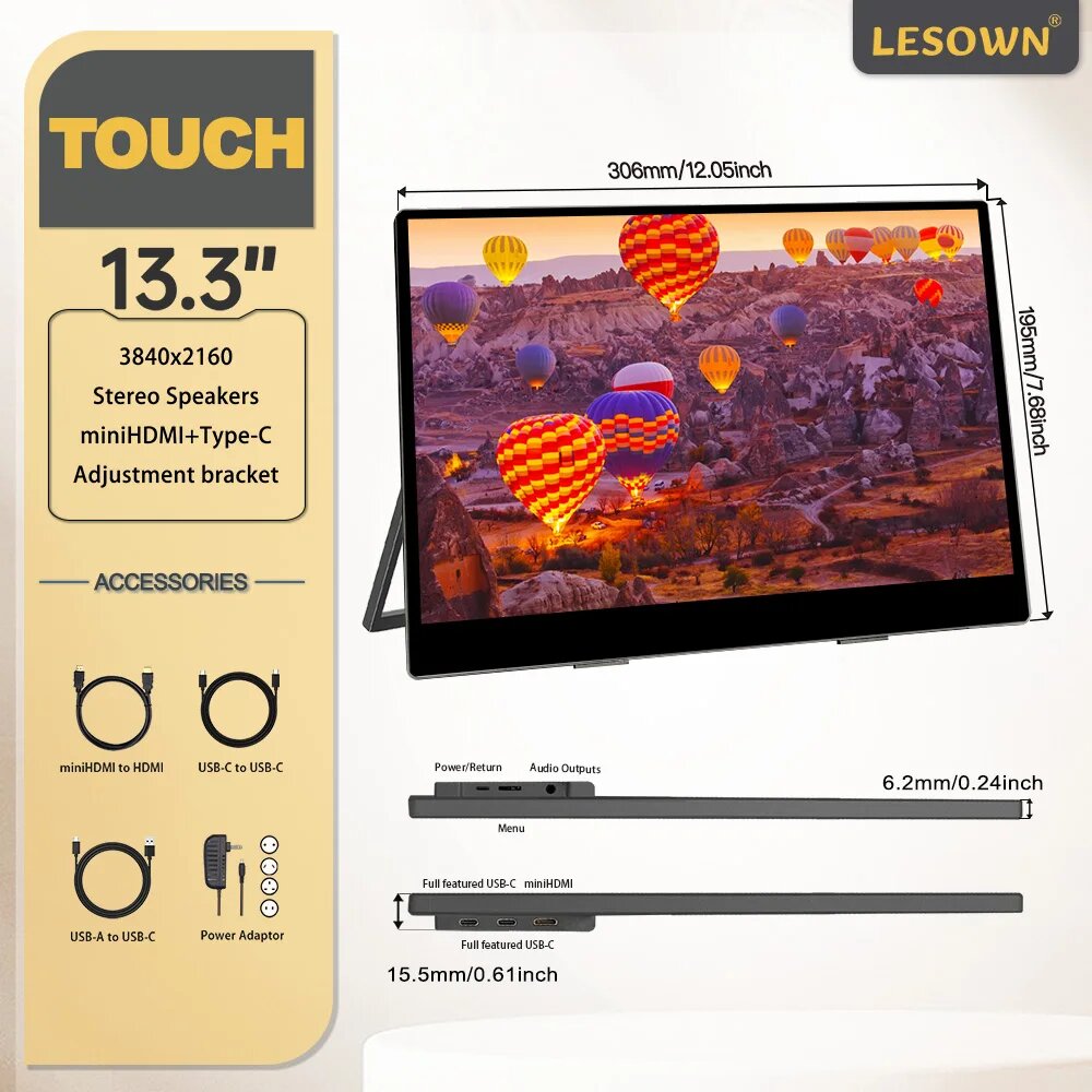 LESOWN Портативный монитор 13,3 дюйма 4K IPS Touch 4K touch