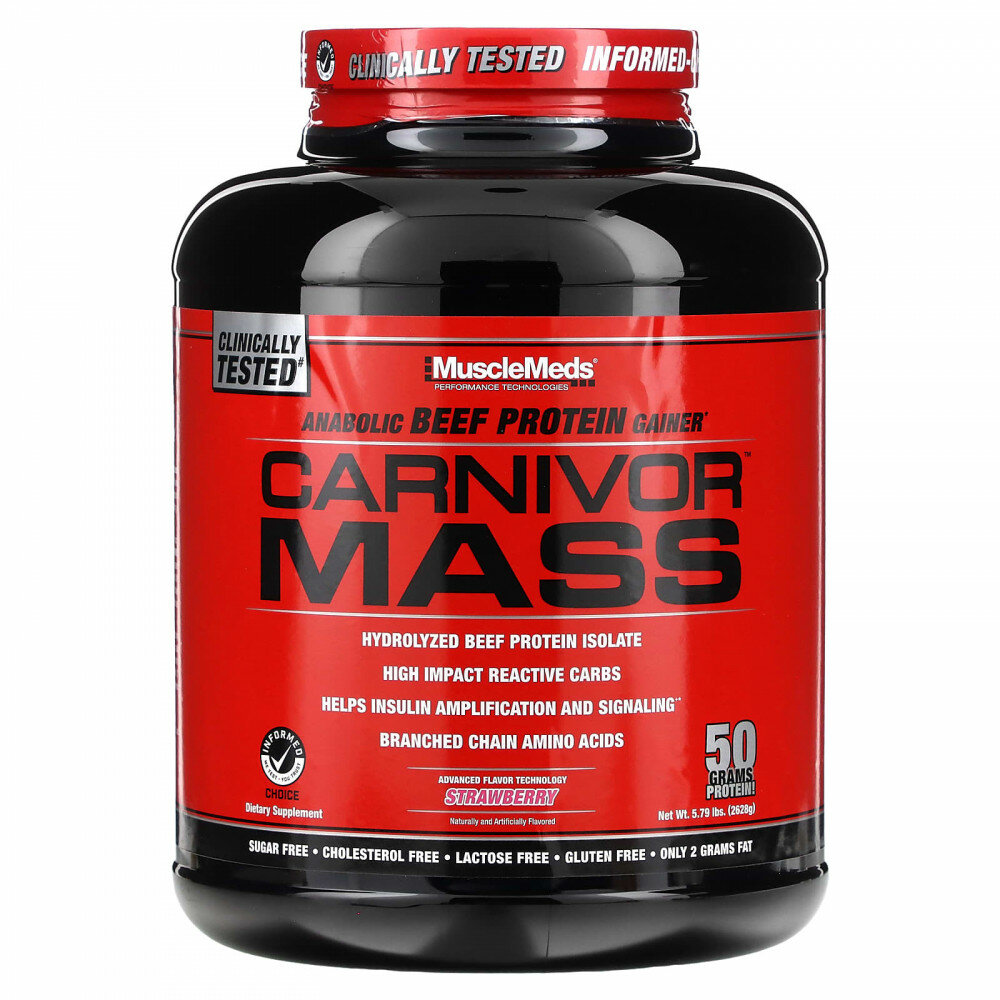 MuscleMeds, Carnivor™ Mass, анаболический гейнер с говяжьим протеином, клубничный вкус, 2628 г (5,79 фунта)