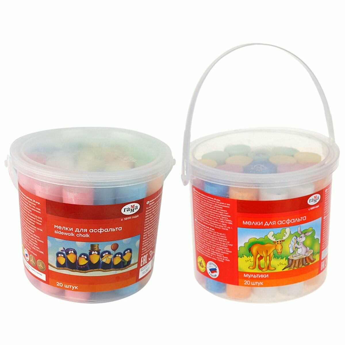 Мел цветной асфальтный Гамма "Мультики", 6 цветов, средняя твердость, круглые, пластиковое ведро, 20шт. (1704194), 6 уп.