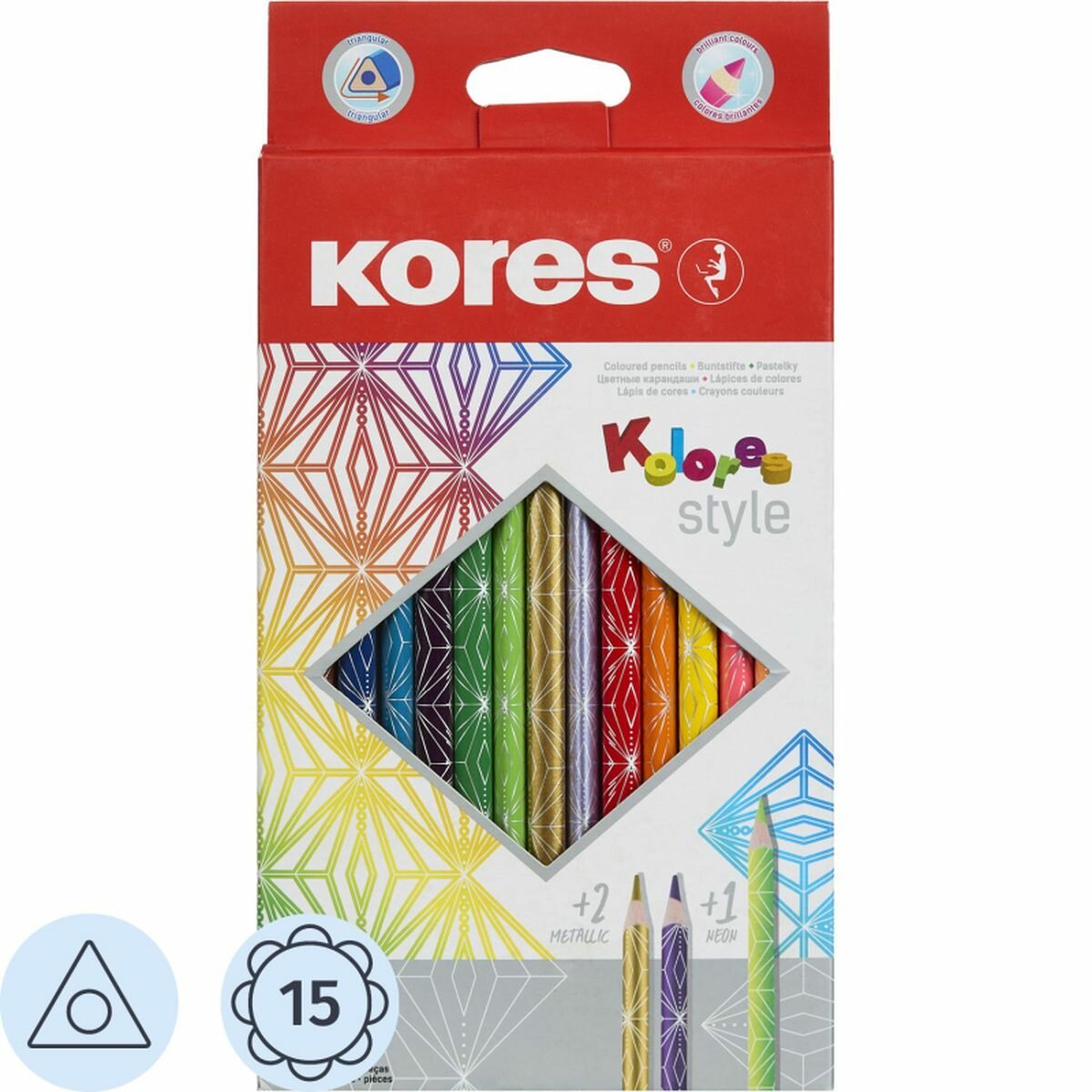 Карандаши цветные 15 цветов Kores (L=175мм, d=3мм, 3гр)