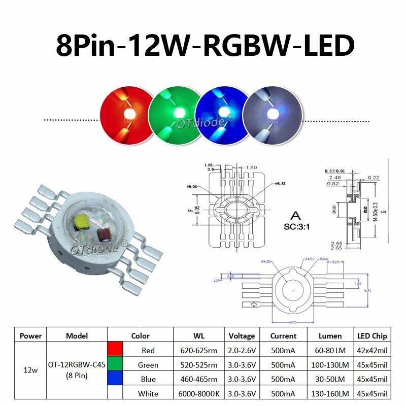 RGBW LED чип 12W 8Pin, 5 шт.