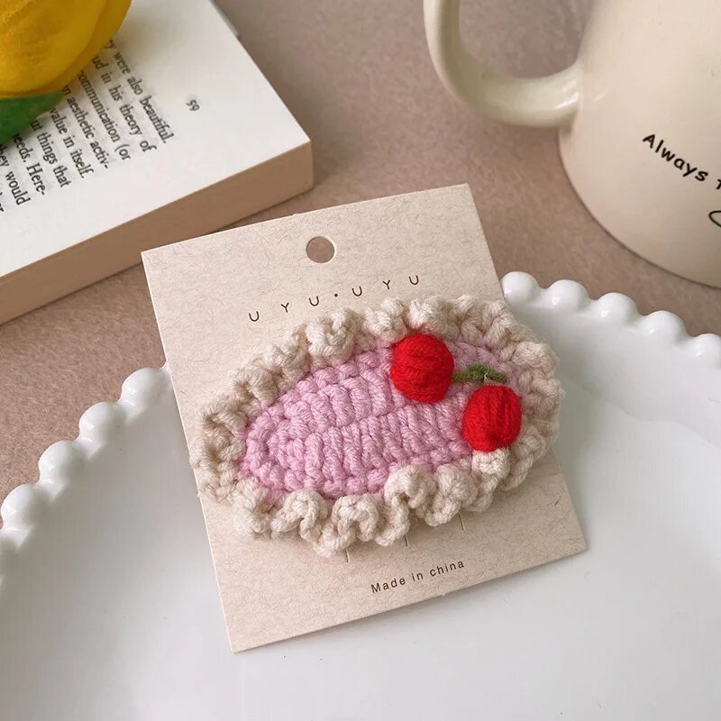 Вязаная заколка для волос детская, розовый, 8-Pink Lace Cherry