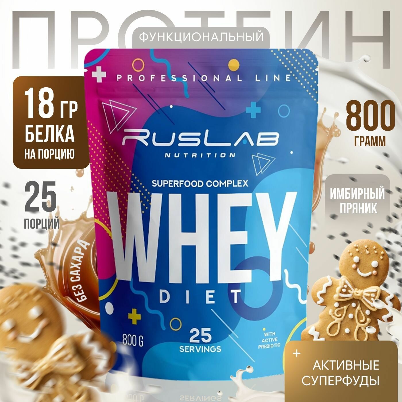 WHEY DIET протеин сывороточный/белковый коктейль для похудения/заменитель пищи (800 гр), имбирный пряник