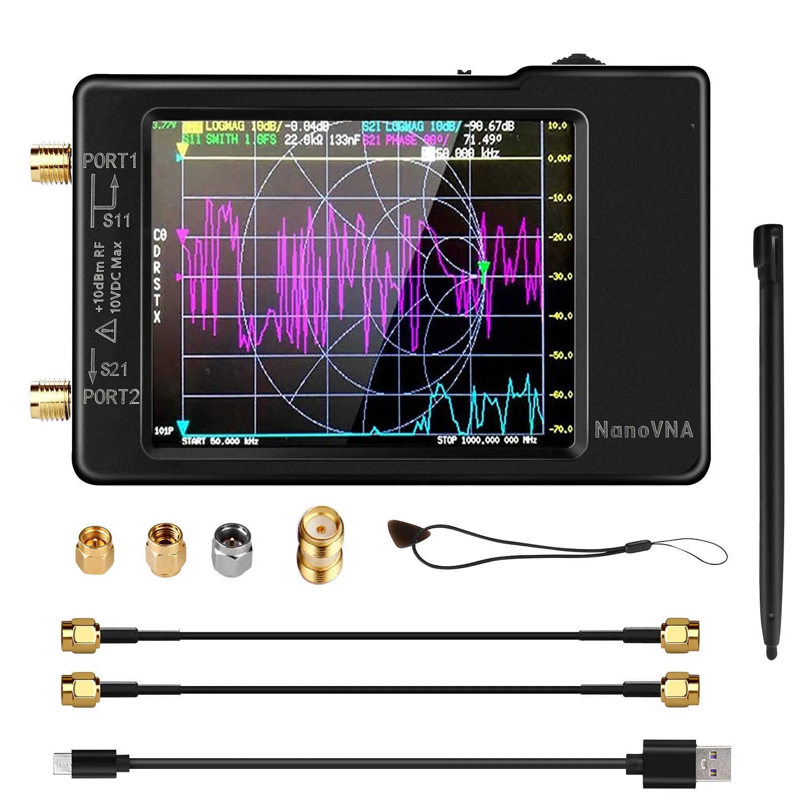 Анализатор сетевых антенн NanoVNA-H Vector 10 кГц-1.5 ГГц (MF HF VHF UHF) с корпусом: измерение коэффициента КСВ, фазы, задержки, Смита-диаграммы