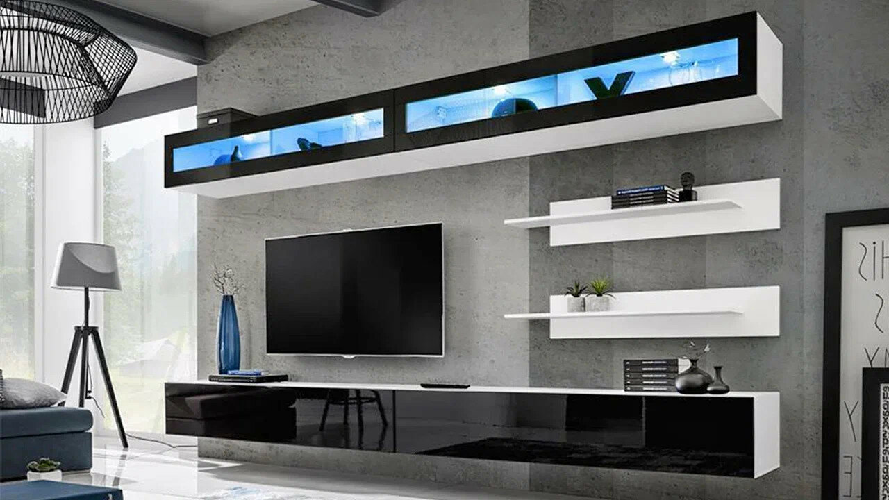 Гостиная 2 МДФ (черная) / Белый Фасадный 0101 NEW 320x40x180 см, черный, белый фасадный GOODFORM