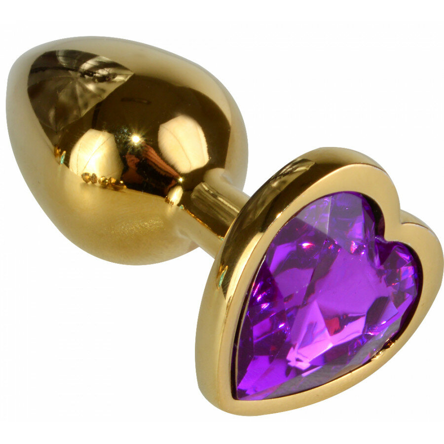 Анальная пробка Сердце с сиреневым кристаллом, золото, d 2,8 мм