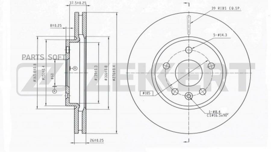 ZEKKERT BS-5050B Диск тормозной передний Opel Astra J 09- Chevrolet Aveo (T300) 13- Cruze (J300 J305 J308) 09- (с ()