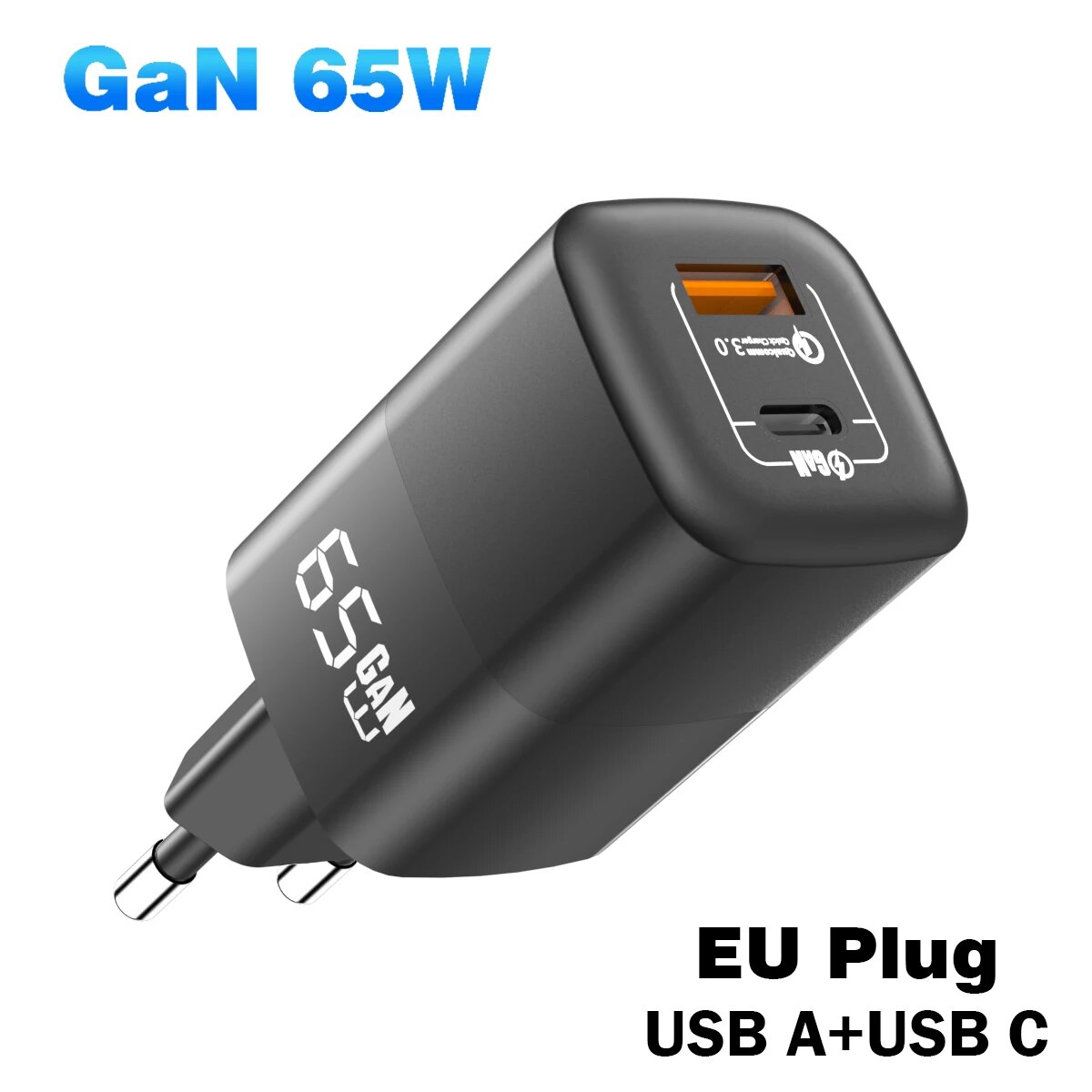 Зарядное устройство GaN 65W EU Plug USB A+USB C Black