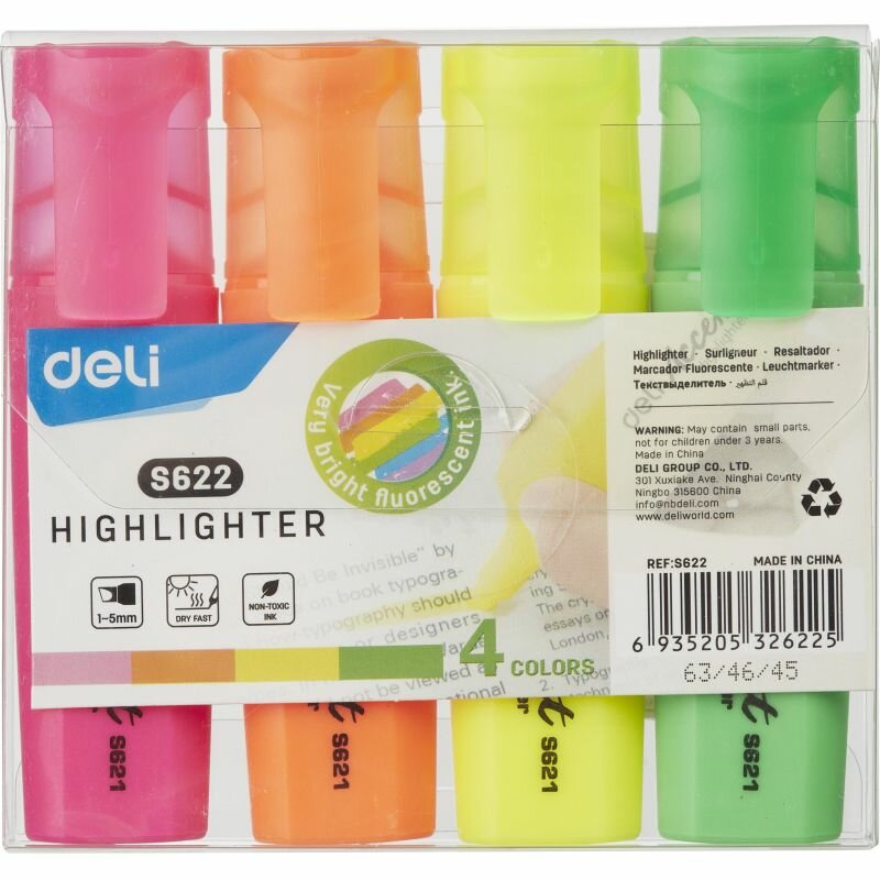 Deli Набор текстовыделителей, Delight, 4 цвета, скошенный наконечник, 1-5мм.