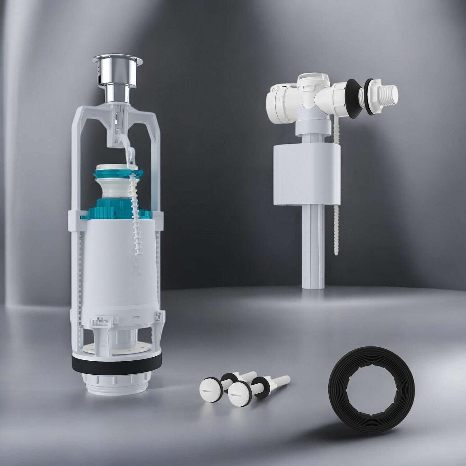 Арматура для бачка унитаза смывная, 1 кнопка, боковой подвод, выпуск вертикальный, тип А