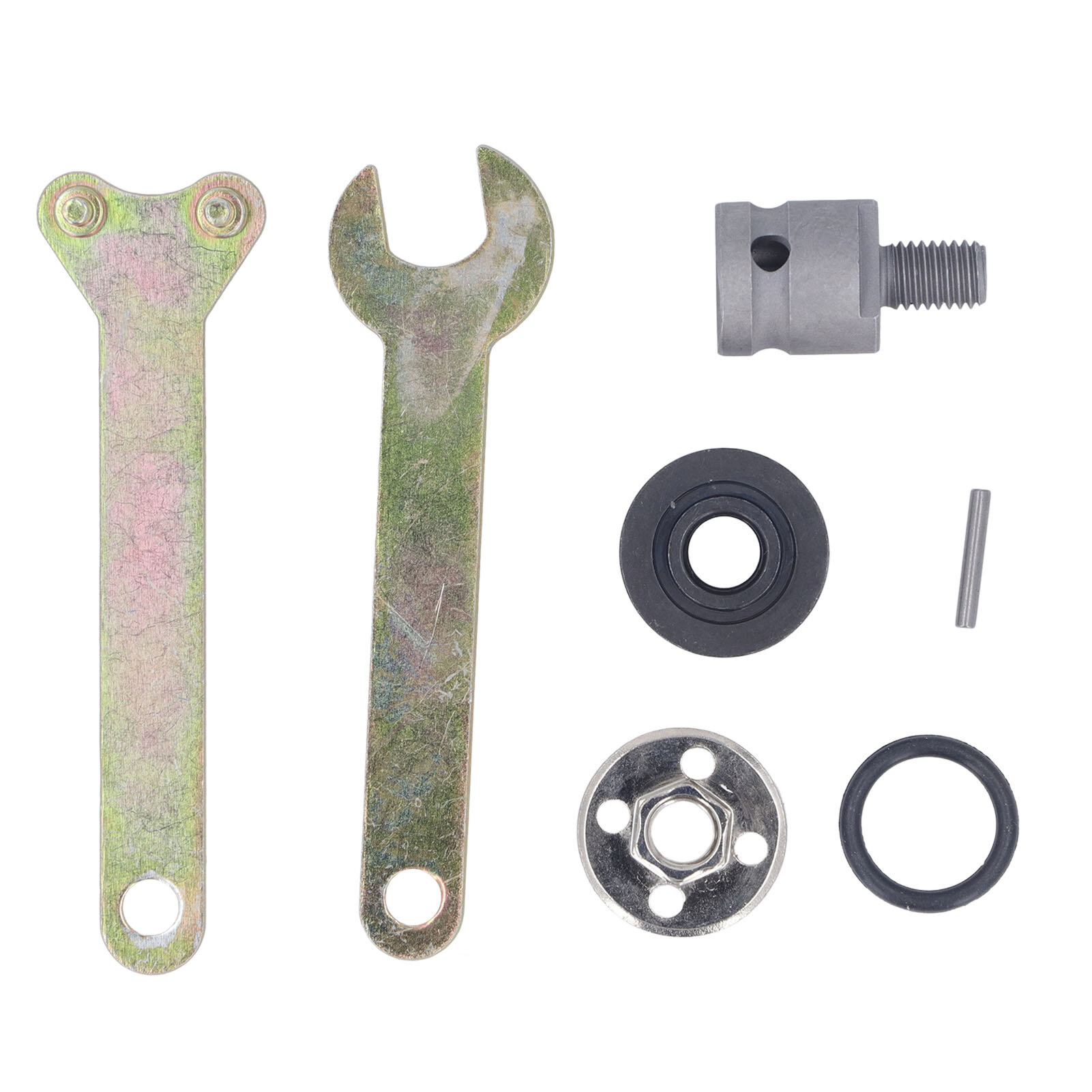 Комплект для переоборудования угловой шлифовальной машины с электроключом: адаптер для резки, полировки и шлифовки, гаечный ключ.