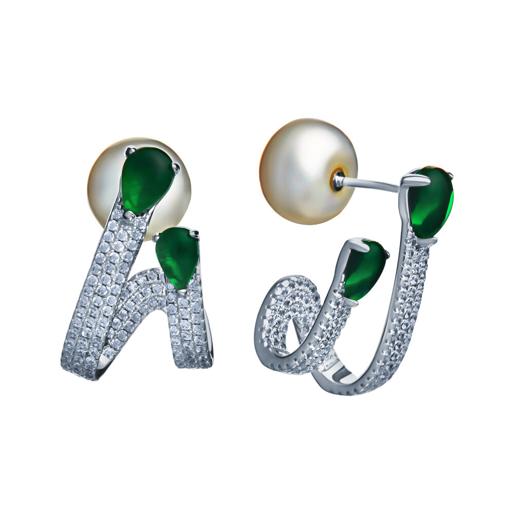 Серьги ELEMENT47, серебро, 925 проба, фианит, жемчуг
