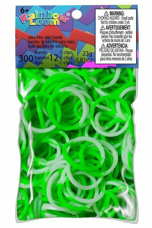 Резинки для плетения браслетов Rainbow Loom Силикон, Зелено-Белые, Green/White (B0042)