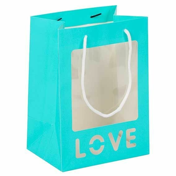 Подарочный пакет кокос "Love" тиффани, с окном, матовый, 18х25х13 см (232246)