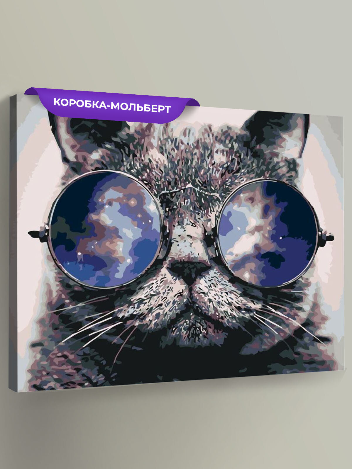 Картина по номерам ЖПН на холсте с подрамником "Серый кот и космос в очках" Раскраска 40х50 см