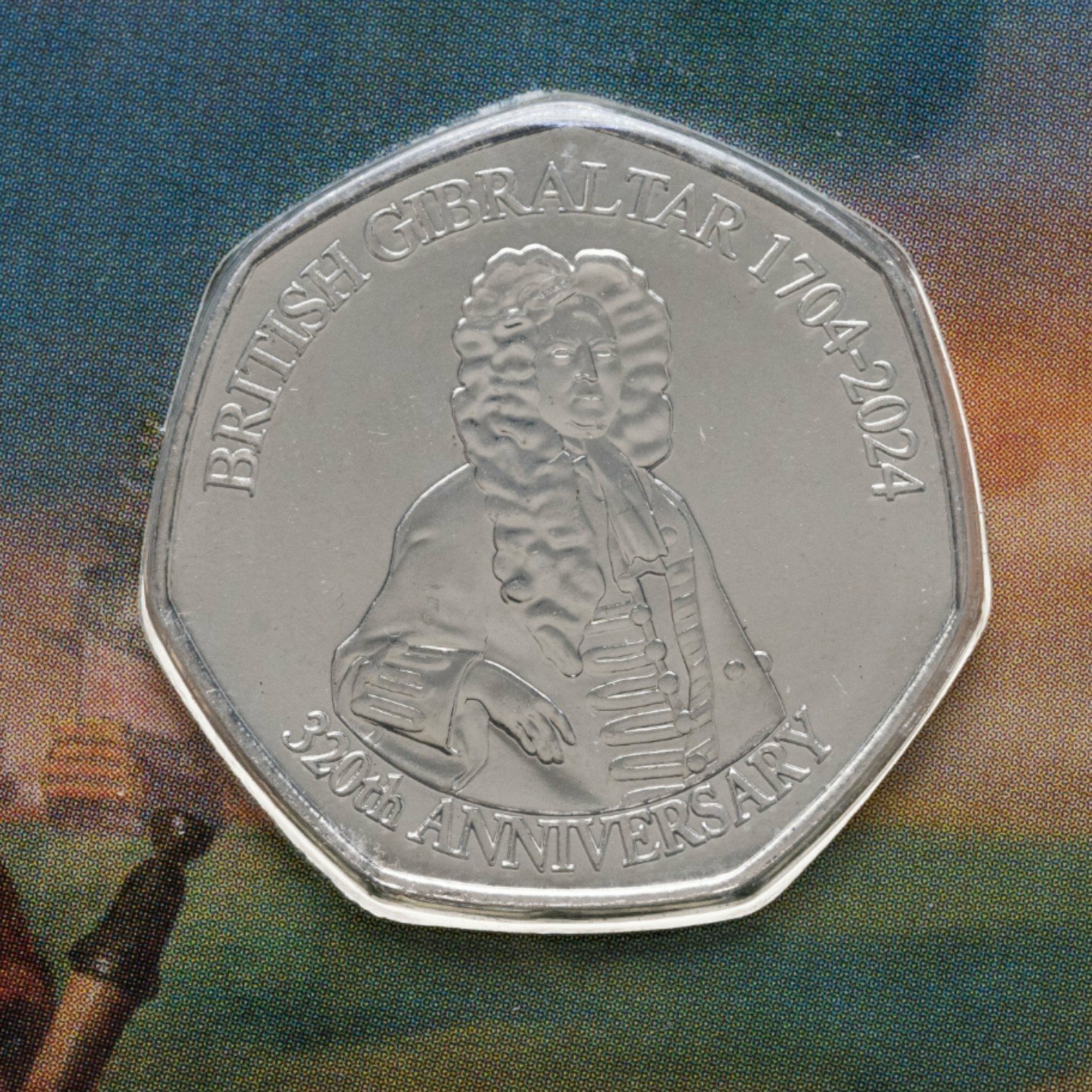 Гибралтар 50 пенсов 2024 "320 лет Гибралтара под британским суверенитетом" в блистере, Мельхиор медь-никель, в сохранности UNC