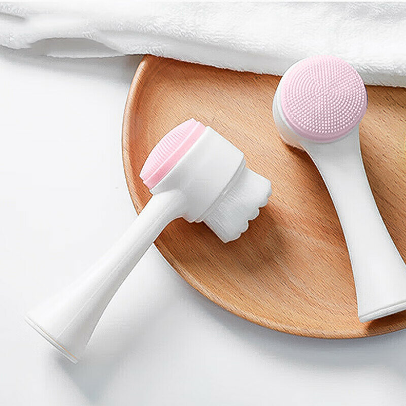 Chense Cleansing Brush, 3D Silicone Facial Cleansing Device, Soft Double-Sided Massage Brush, Manual Beauty Cleansing Tool, Pink