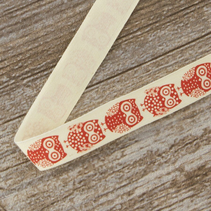 Лента хлопковая на картонной мини-катушке Совы 5 м красный HEMLINE VR15.679