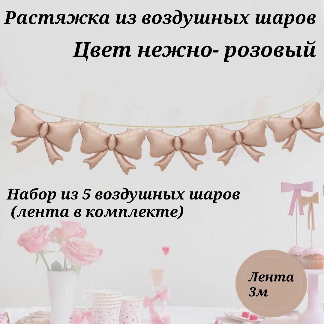 Воздушный шар. Набор из 5х бантиков Цвет нежно-розовый. Растяжка для фотозоны